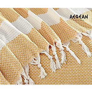 Aegean Concept - 100% Organic Cotton Turkish Throw Blanket ; 90" x 63" (230 cm x 160 cm) Twin Size Modern Boho Rustic Bedspread for Chair, Bed or Couch | Indoor or Outdoor Cozy Hand Woven-Yellow