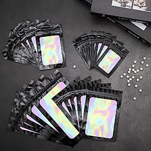 Ruiqiger 150 PCS Resealable Smell Proof Mylar Bags Food Storage Ziplock Holographic Bag Packaging Pouch Black With Window for Coffee,Electronics