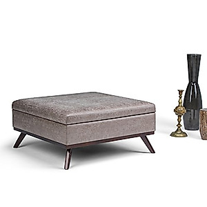SIMPLIHOME Owen 36 Inch Wide Mid Century Modern Square Coffee Table Lift Top Storage Ottoman in Upholstered Distressed Grey Taupe Faux Leather, For the Living Room