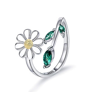 Bolelis 925-Sterling-Silver Sunflower Daisy Ring for Women - Cute Leaf Adjustable You are My Sunshine Ring,Promise Engagement Ring Jewelry for Women Girlfriend (Daisy Ring)