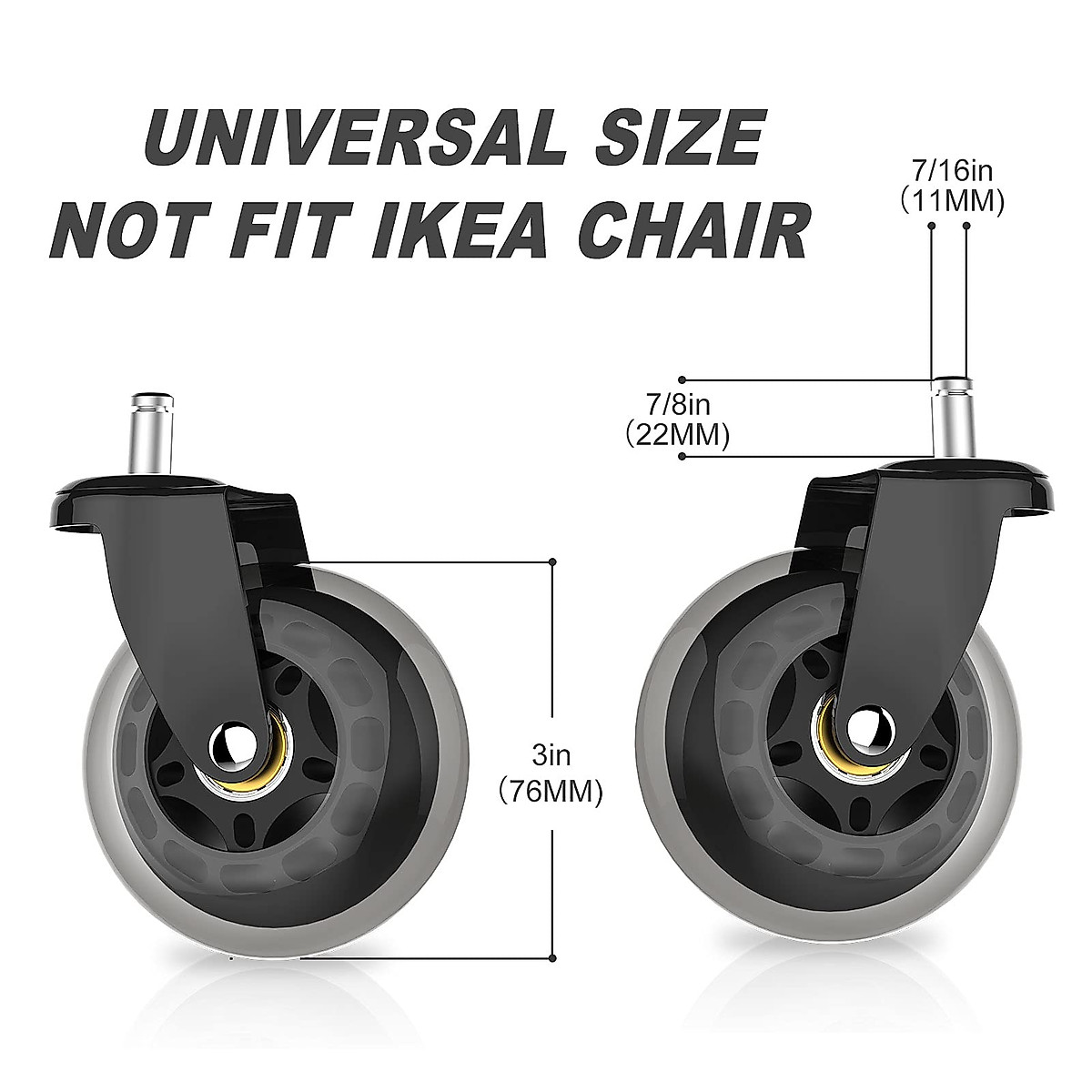 Office Chair Caster Wheels,Heavy Duty Office Chair casters for Chairs to Replace Chair mats ，3"Replacement Chair Casters with 7/16" x 7/8" Stem,Universal fit（Single-Black）