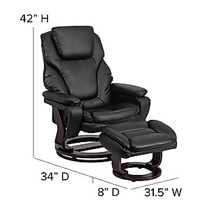 Flash Furniture Austin Contemporary Multi-Position Recliner and Ottoman with Swivel Mahogany Wood Base in Black LeatherSoft