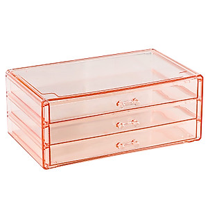 Cq acrylic Hair Accessory Organizer with 3 Long Drawers,Stacking Makeup Organizer and Desk Pink Drawer Containers,Stackable Cabinet Storage Bins For Palettes,Cosmetic,And Beauty For Vanity,Pack Of 1