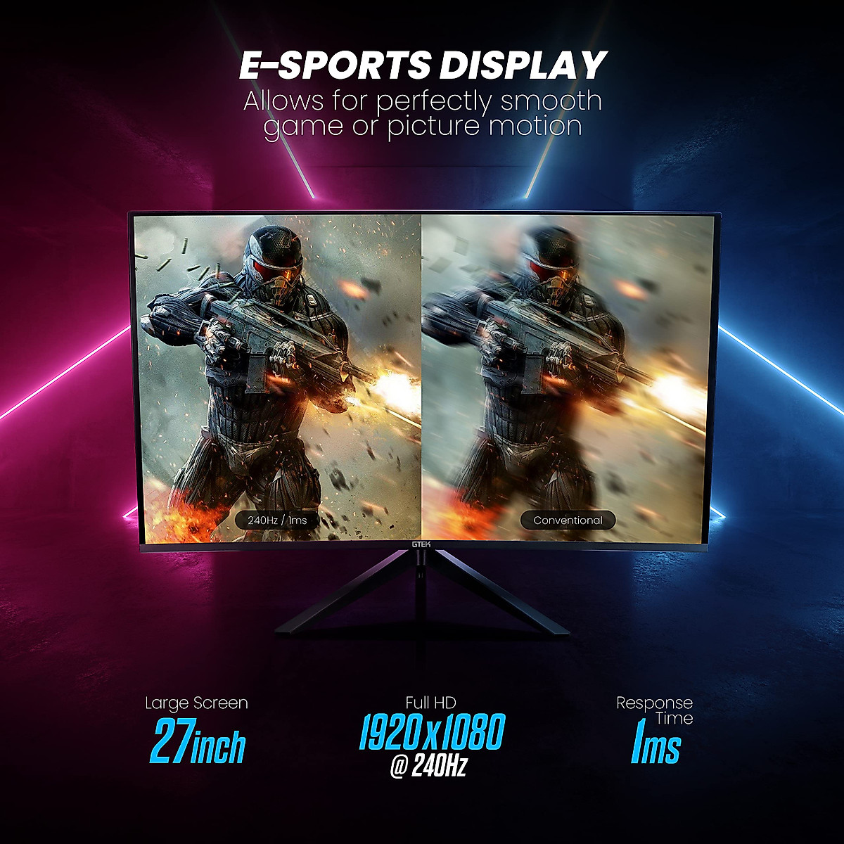 GTek 240Hz Gaming Monitor, 27 Inch Frameless Display Full HD 1920 x 1080P, Curved 1800R, VA 1ms MPRT, FreeSync, Speakers, DisplayPort/HDMI, VESA - F2740C