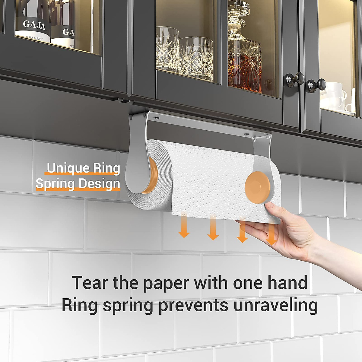 Swaitee Paper Towel Holder, One Hand Tear Paper Towel Holder Under Cabinet with Ring Spring, Stainless Steel Paper Holder Rack Adhesive or Wall Mount for Kitchen Bathroom