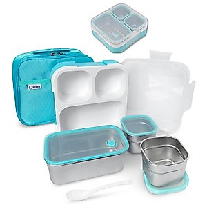 Stainless Steel Lunch Box for Kids Toddler Bento-Box Lunch-Box for Daycare, 3 Compartment Portion Control Containers with Tray for Lunches Snacks - School Travel, 24 oz Teal Blue with Bag Utensil