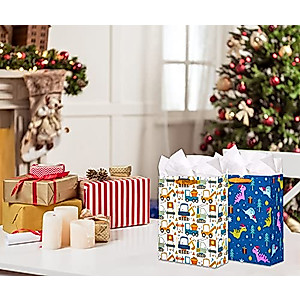 XJF Large Gift Bag with Tissue Paper and Card for Boys,13inch Vehicle Party Gift Bag for Kids,Adults,Birthdays,Kids Parties, Christmas, Holidays, 13inch x 10.5inch x 5.8inch