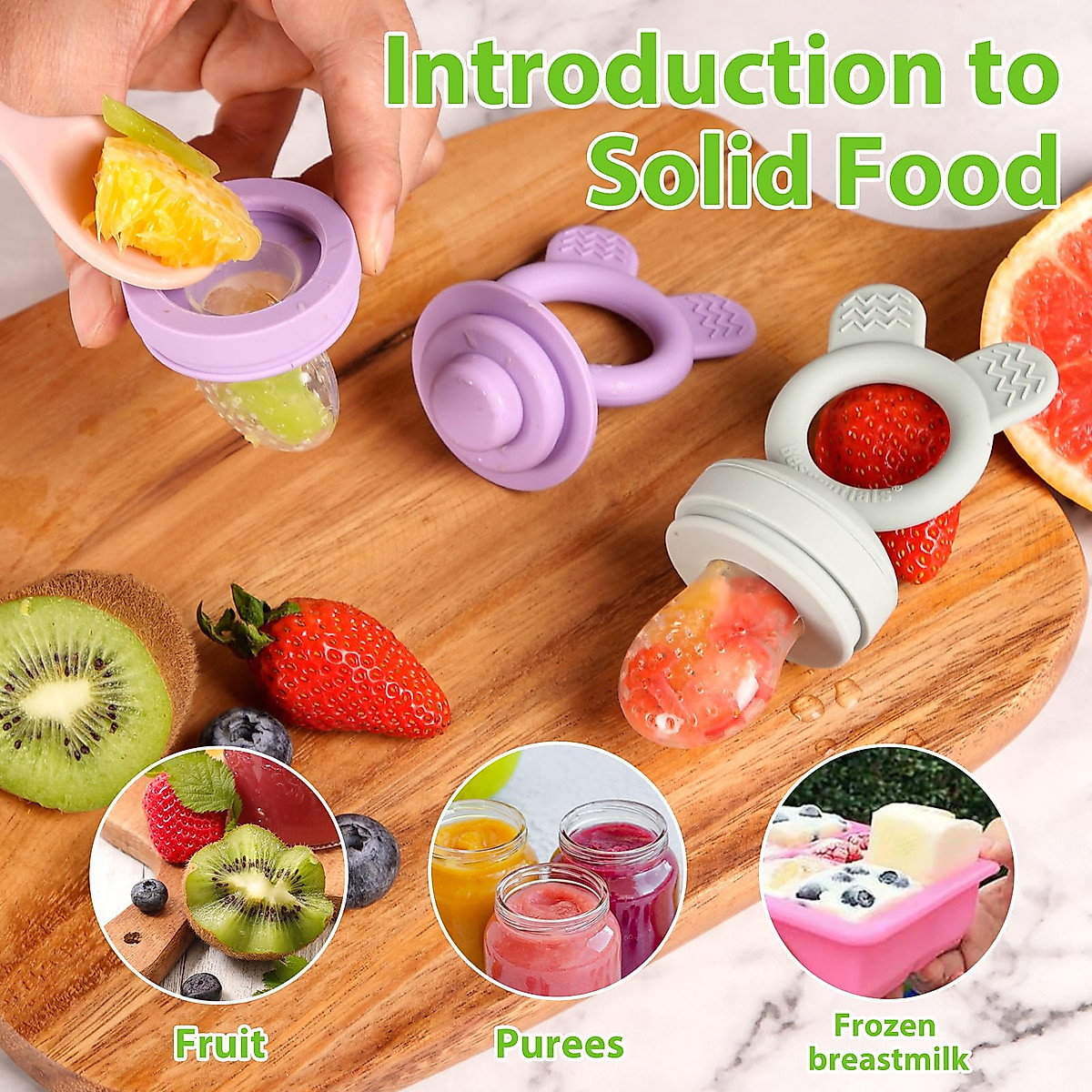 Baby Fruit Food Feeder Pacifier - 2 Packs Silicone Fresh Fruit Feeder BPA Free [S M L Size Silicone Food Pouches Included] (Blue&Pink)