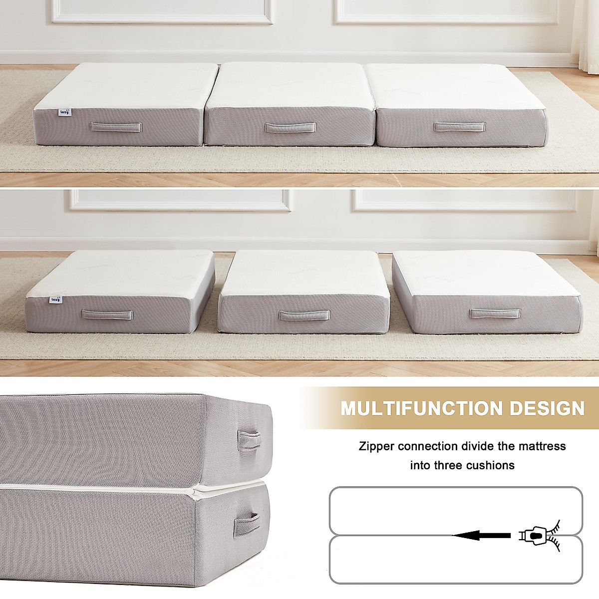 Lazyzizi Folding Mattress, 6 Inch Memory Foam Tri-fold Mattress with Breathable & Washable Bamboo Fiber Fabric Cover, Foldable Floor Mattress Guest Bed for Camping, Road Trip, Cot