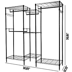 Homdox Free Standing Closet, Wire Shelving Clothing Rack Heavy Duty, with Side Hooks and Clothes Rods (Black)