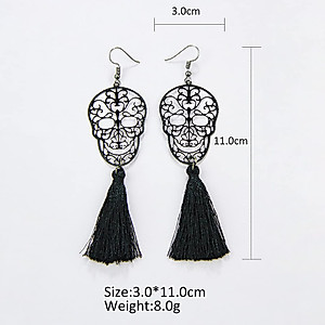 Halloween Skull Tassel Drop Dangle Earrings Black Women Girls' Handmade Punk Gothic Skeleton Fashion Statement Jewelry Lightweight Dead Day Cosplay Costume Party Favor Gift