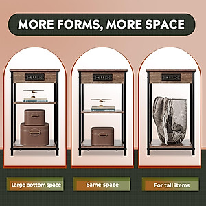 WLIVE Side Table with Charging Station and USB Ports, Small End Tables for Small Spaces, 3-Tier Nightstand with Adjustable Shelf, Bedside Tables, Living Room, Bedroom, Brown