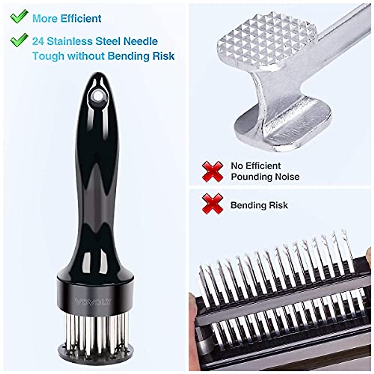 Vovoly Meat Tenderizer Tool, Premium Meat Tenderizer, Stainless Steel 24 Sturdy & Sharp Needle, Easier-Use for Kitchen Cooking Tenderizing Steak Beef Poultry BBQ & Marinade than Meat Hammer Mallet.