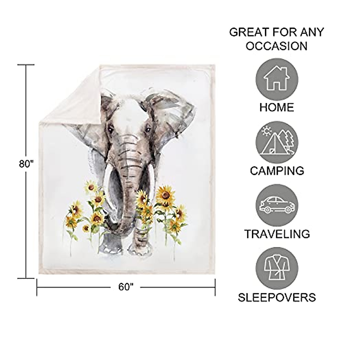 Elephant Sunflower Sherpa Fleece Throw Blanket, Elephant Gifts for Women Adults, Super Soft Elephant Blankets for Women Birthday, Warm Cozy Plush Bed Throws Blanket for Couch Sofa 60"x80"