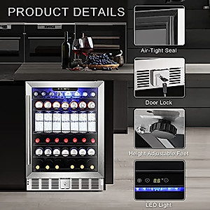 Antarctic Star 5.1 Cu.Ft Beverage Refrigerator- Wine Cooler Low Noise Transparent Glass Door LED Light Stainless Steel Efficient Cooling System with a Lock 115V 60Hz for Home and Bar 24inch, Silver