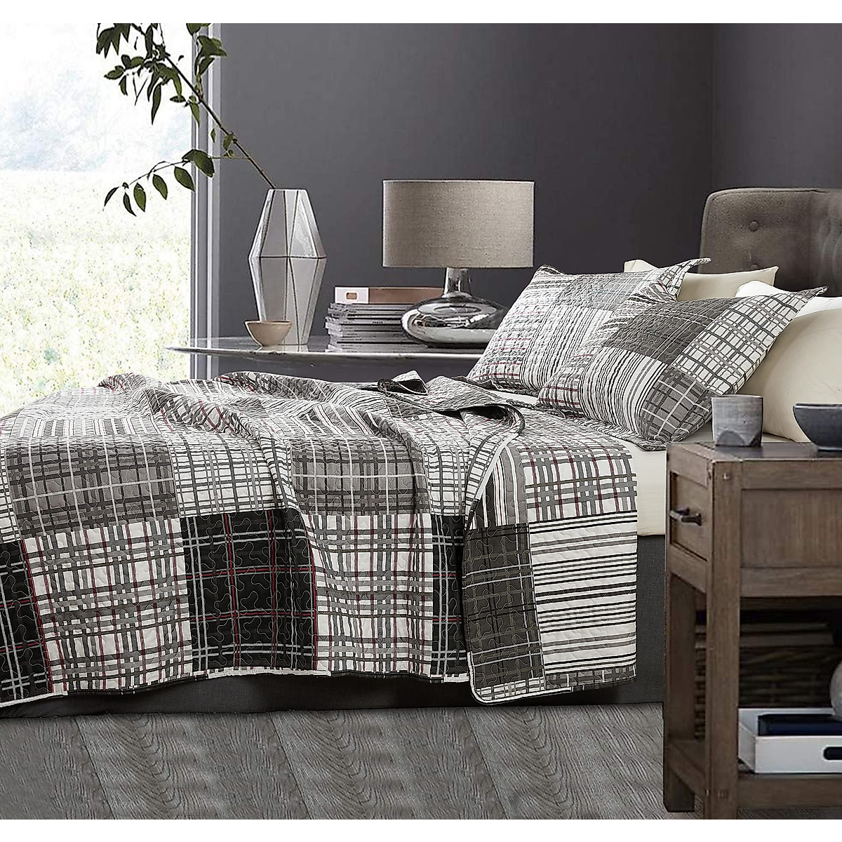 Bedspread Set Twin Size Quilt Set Plaid Bed Spread Coverlet Black White Grey Plaid Patchwork Stripe Modern Quilt Bedspread Bedding Soft Lightweight Reversible Home Bedding Mens Quilts for Twin Bed