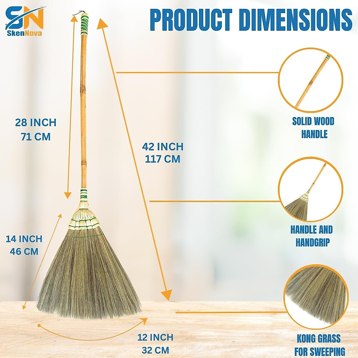 42" Handmade Natural Grass Broom with Solid Wood or Bamboo Stick, Sweep Debris Dirt Dust