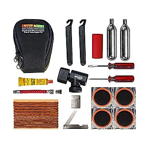 Stop & Go 100 27 Piece Bicycle Repair & Inflation Kit for Tubeless and Tube-Type Tires Works on BMX, XC, Mountain, Road, Gravel, & E-Bikes (4 Patches & 10 Rope Plugs)