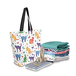ALAZA Large Canvas Tote Bag Rainbow Cute Cat Butterflies Polka Dot Shopping Shoulder Handbag with Small Zippered Pocket