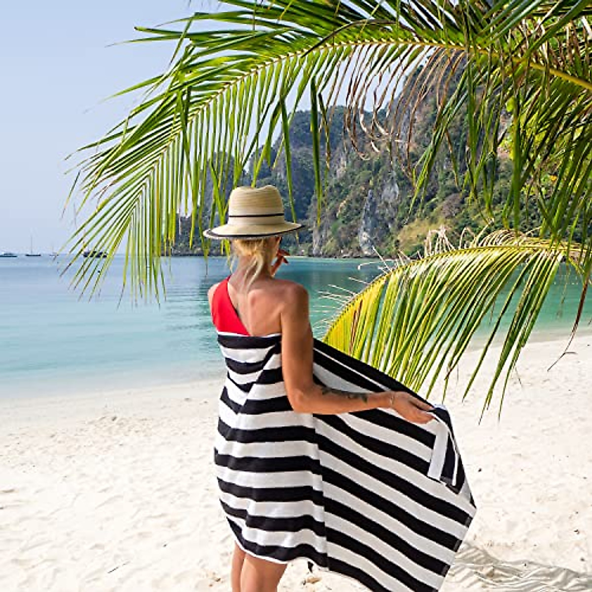 Arkwright California Cabana Stripe Beach Towel - Pack of 4 - Large Soft Quick Dry Cotton Terry Towels Set for Pool, Swim, and Hot Tub, Oversized 30 x 70 in, Black