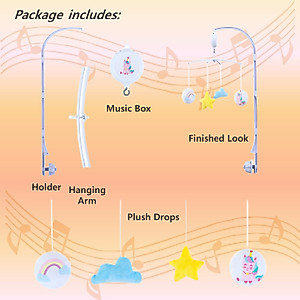 Crib Mobile for Girls Boys, Baby Mobile for Crib with Digital Music Box Special 35 Lullabies for Baby Gifts Ages Newborn +, Pink Unicorn - Yellow Star - Blue Cloud - Rainbow