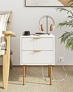 Aienvey Nightstand with Charging Station,Small Side Table with 2 Drawers, Bedside Furniture, White Night Stand, End Table with Gold Frame for Bedroom, Living Room, Stripe