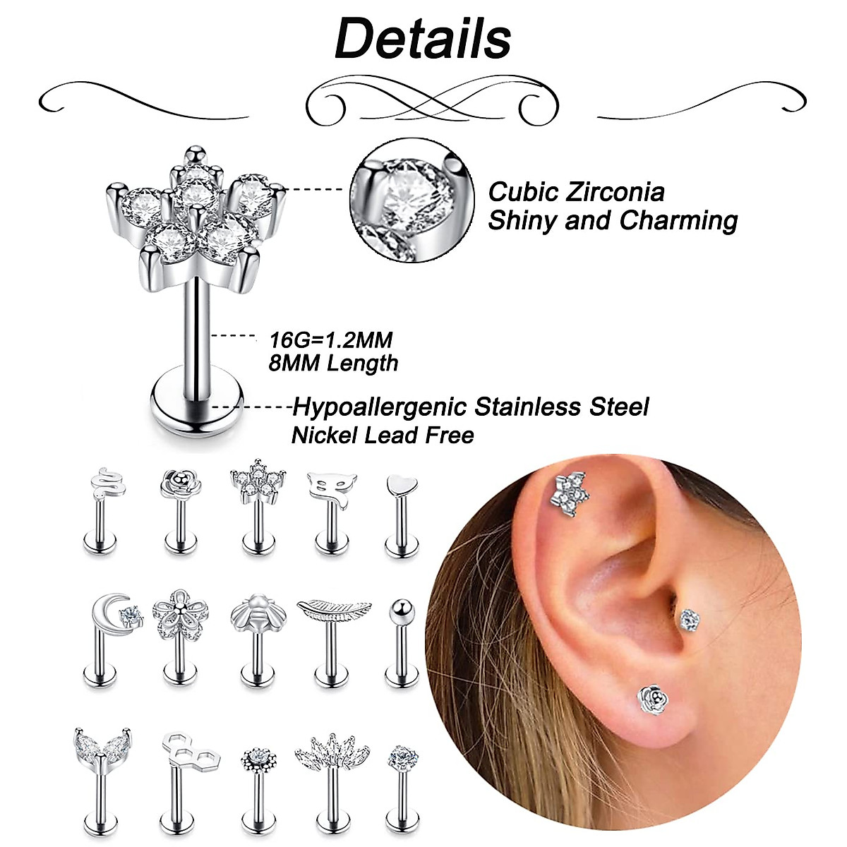 NICEIGHT 15PCS 16G 316L Stainless Steel Cartilage Earring Stud Internal Thread CZ Flower Moon Labret Studs Tragus Helix Monroe Piercing Jewelry Silver