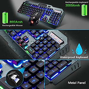 Wireless Gaming Keyboard and Mouse, Rechargeable, Rainbow Backlit with 3800mAh Battery Metal Panel,Mechanical Feel Keyboard and 7 Color Mute Mouse for Windows Computer Gamers
