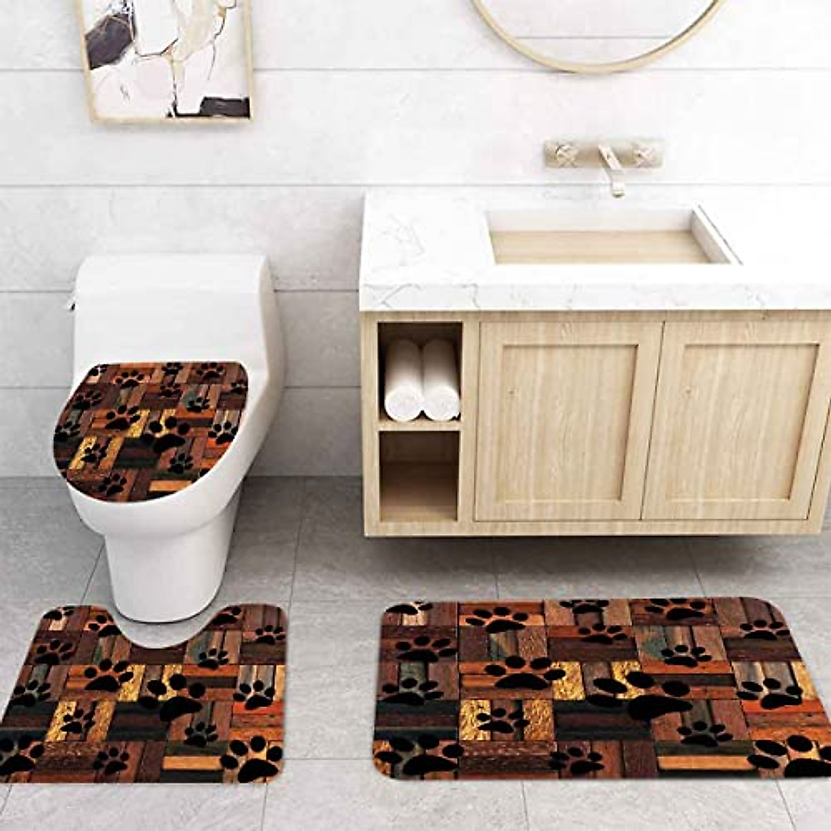 SDDSER Dog Paw Print Shower Curtain Set, 4PCS Rustic Old Barn Wood Bathroom Sets with Shower Curtain and Bath Mat, Toilet Lid Cover and U Shaped Rugs, 71" x 72" Bathtub Curtain with Hooks, SETLSSD93