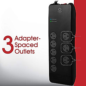 Power Gear 8 Outlet Power Strip Surge Protector, 7 Ft Extension Cord, 2100 Joules, Twist-to-Close Safety Outlet Covers, 3 Adapter-Spaced Outlets, On/Off Switch, Automatic Shutdown, Black, 12996