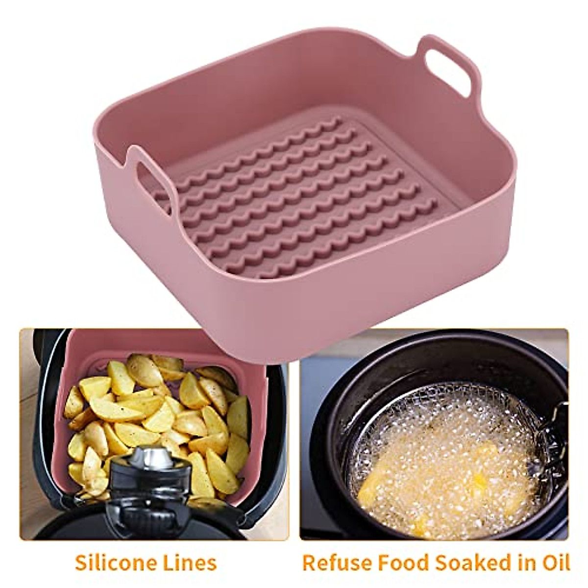 Air Fryer Silicone Pot, Replacement for Paper Liners, Removable Square Silicone Air Fryer Basket with Handle, Silicone Bowl for Air Fryer Oven(Pink)