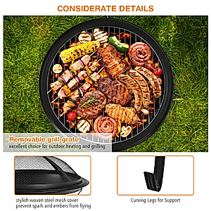 Giantex 22" Outdoor Firebowl, Portable Firepit Bowl with BBQ Grill Mesh Spark Screen Cover, Poker and 2 Log Grates/Grilling Grate and Wood Grate, Wood Burning Fire Pit w/Grilling Handle