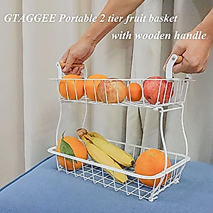 2 Tier Fruit Storage Basket for Kitchen Countertop,GTAGGEE Bread Baskets Fruit Bowl Holder Vegetable Stand Detachable Metal Rectangular Wire Basket, White