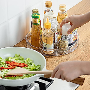 FIVOF Lazy Susan Round Plastic Clear Rotating Turntable Organization Storage Container Bins for Cabinet Pantry Fridge Kitchen Vanity Spinning Organizer for Spices Condiments (2-Tire-1-Pack, 9 inch)