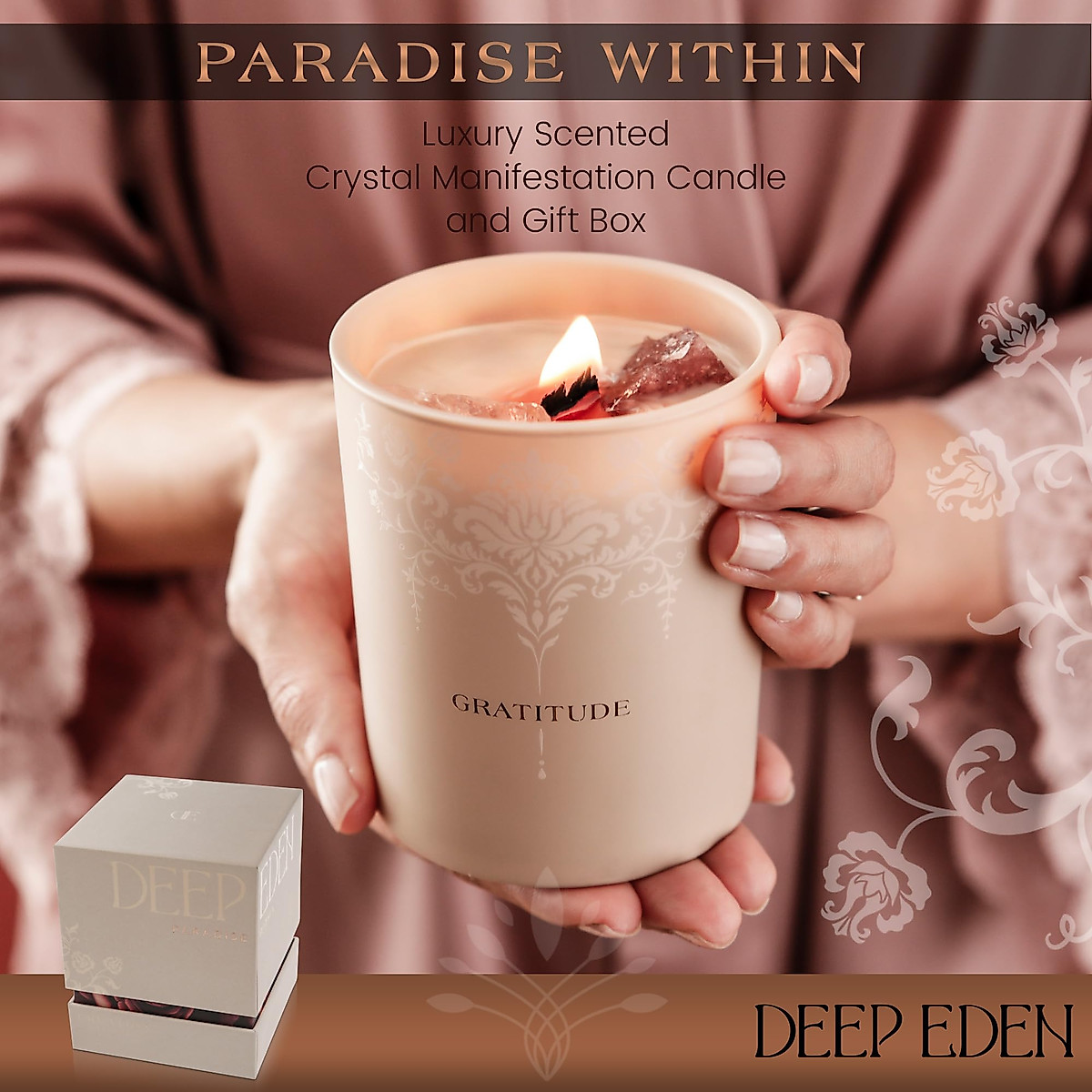 Luxury Crystal Candle for Women - Velvet Rose & Patchouli Scented Aromatherapy Candle - Manifestation Candle with Strawberry and Clear Quartz Crystals -7.4oz Natural Coconut, Soy Wax Wood Wick Candles