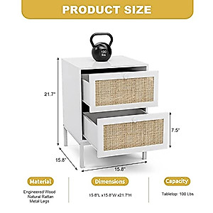 IKIFLY Rattan Nightstand Set of 2, Farmhouse Boho End Side Table with 2 Handmade Rattan Drawers, Wood Accent Bedside Table with Storage for Bedroom, Living Room - White