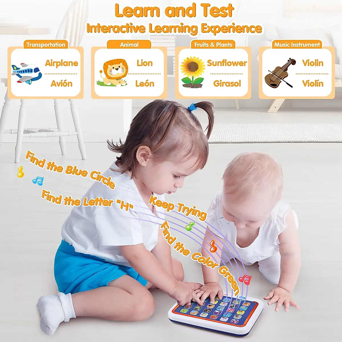 PLAY Spanish & English Learning Tablet for Toddlers 1-3, Kids Bilingual Interactive Alphabet ABC Letters, Words, Color Learning Toys Tablets, Educational Toy for 2+ Year Old Kids Babies 18 Month+
