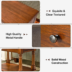 JESONVID Narrow End Table with Drawer and Shelf, Solid Wood Sofa Side Table 2-Tier Skinny Table with Storage Slim Bedside Table for Small Spaces Living Room-Cherry Brown