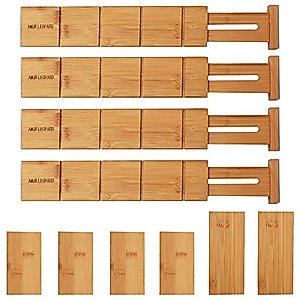 AMUR LEOPARD Bamboo Drawer Dividers Organizer Set of 4, with 6 Extra Mini Dividers, Adjustable Drawer Organizers,Expandable Drawer Organization for Kitchen, Dressers, Bathroom and Office (13.25-17 in)