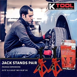 K Tool International 61201 2 Ton Automotive Jack Stands for Garages, Repair Shops, and DIY, Lightweight, 4,000 lbs. Capacity, Heavy Duty Steel Frame, Adjustable Height 10.75"-16.73", Red/Black, Pair