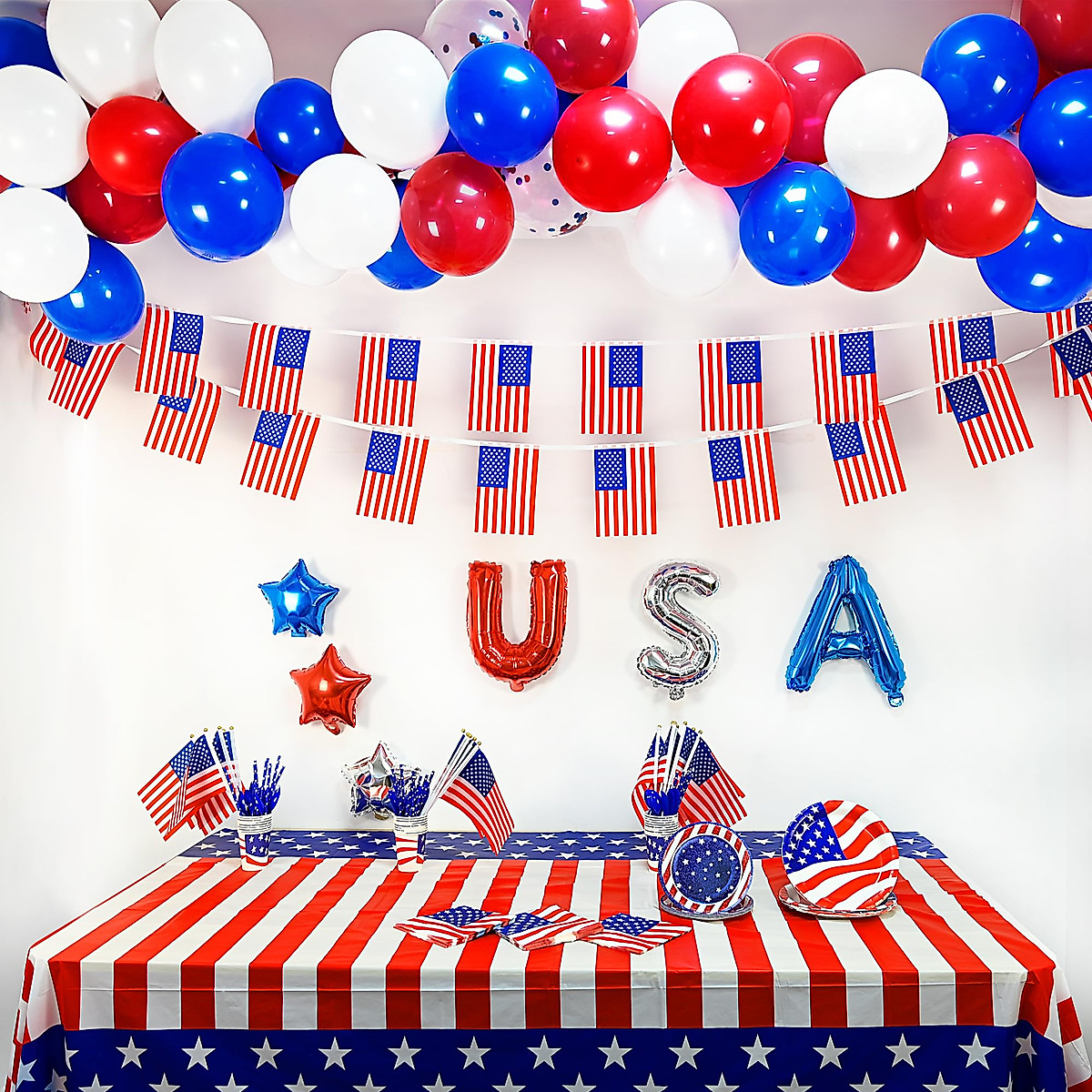 Party Spot! 315 pcs Labor Day Decorations, 4th of July Party decorations, Tableware for 25 Guests, Patriotic Party Decorations, Independence Day Decoration Supplies, “USA” Balloons, Tablecloth, Flag