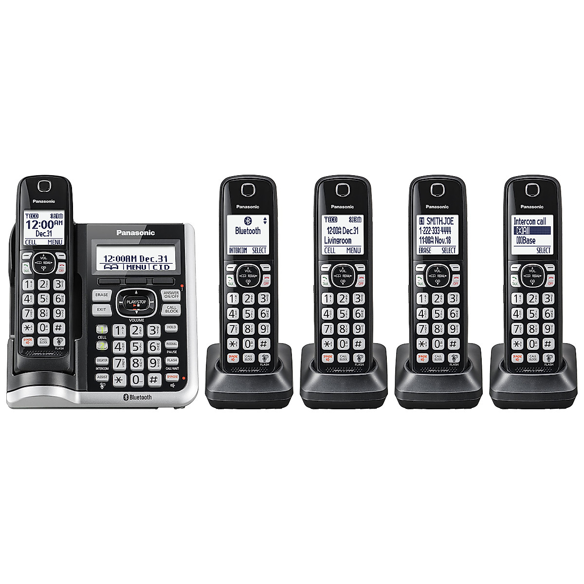 Panasonic Link2Cell Bluetooth Cordless Phone System - 5 Handsets - KX-TGF575S (Silver) & KX-TCA430 Comfort-Fit, Foldable Headset, Regular, Grey/Silver