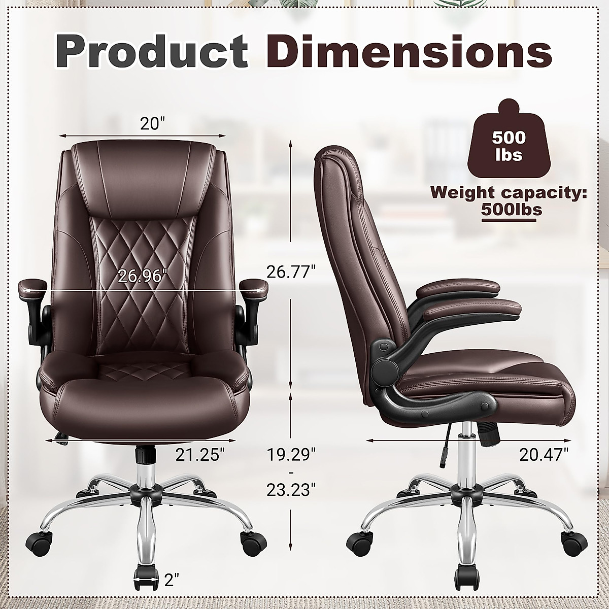 Shahoo Executive Office Chair, Ergonomic High Back with Adjustable Flip-up Armrest, Swivel Leather-Papped Seats with Lumbar Support, Brown