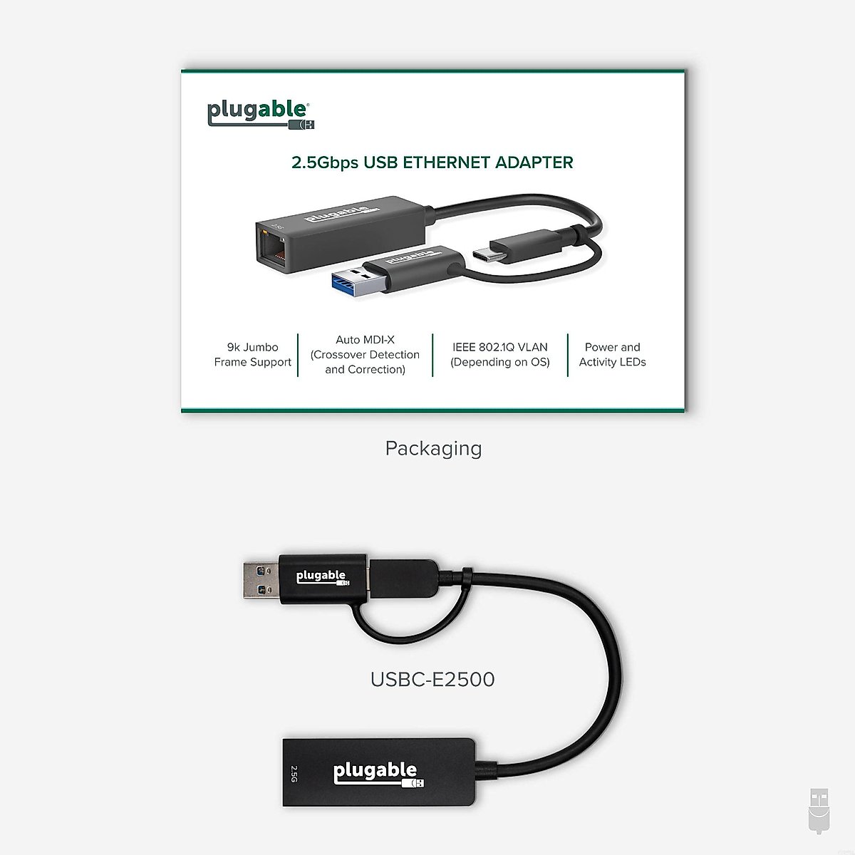 Plugable 2.5GB USB Ethernet Adapter for Laptop, 2-in-1 Cable, USB 2.5GB Ethernet Adapter, USB-C and USB Compaitble, USB-C to RJ45 2.5 Gigabit LAN Ethernet, Compatible with Mac and Windows