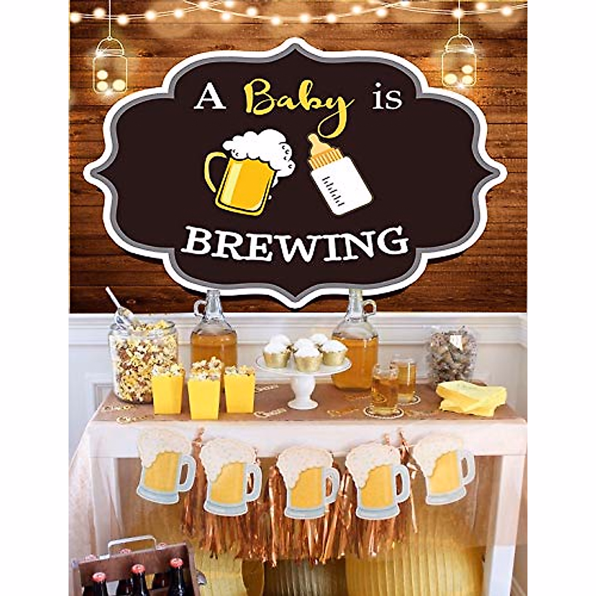 A Baby is Brewing Themed Photography Backdrop for Baby Shower Party Banner Decorations Vinyl Beer Bottle Rustic Wood Glitter Photo Background 5x3ft Photo Booth Studio Props Cake Table Supplies