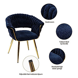 Modern Dining Chairs Chenille Upholstered Dining Chairs with Arms, Knot Woven Living Room Accent Chairs with Gold Metal Legs, Mid-Century Makeup Vanity Chair for Dining Room, Kitchen Bedroom (Blue)