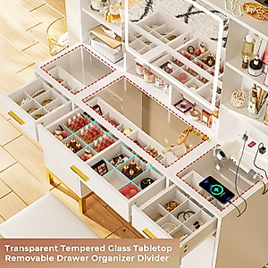 Vanity Desk with Openable Mirror and Lights, Glass Tabletop Makeup Vanity Set with Charging Station, White Vanity Table with 3 Drawers & 2 Cabinets, DIY Drawer Dividers, Hidden Hooks