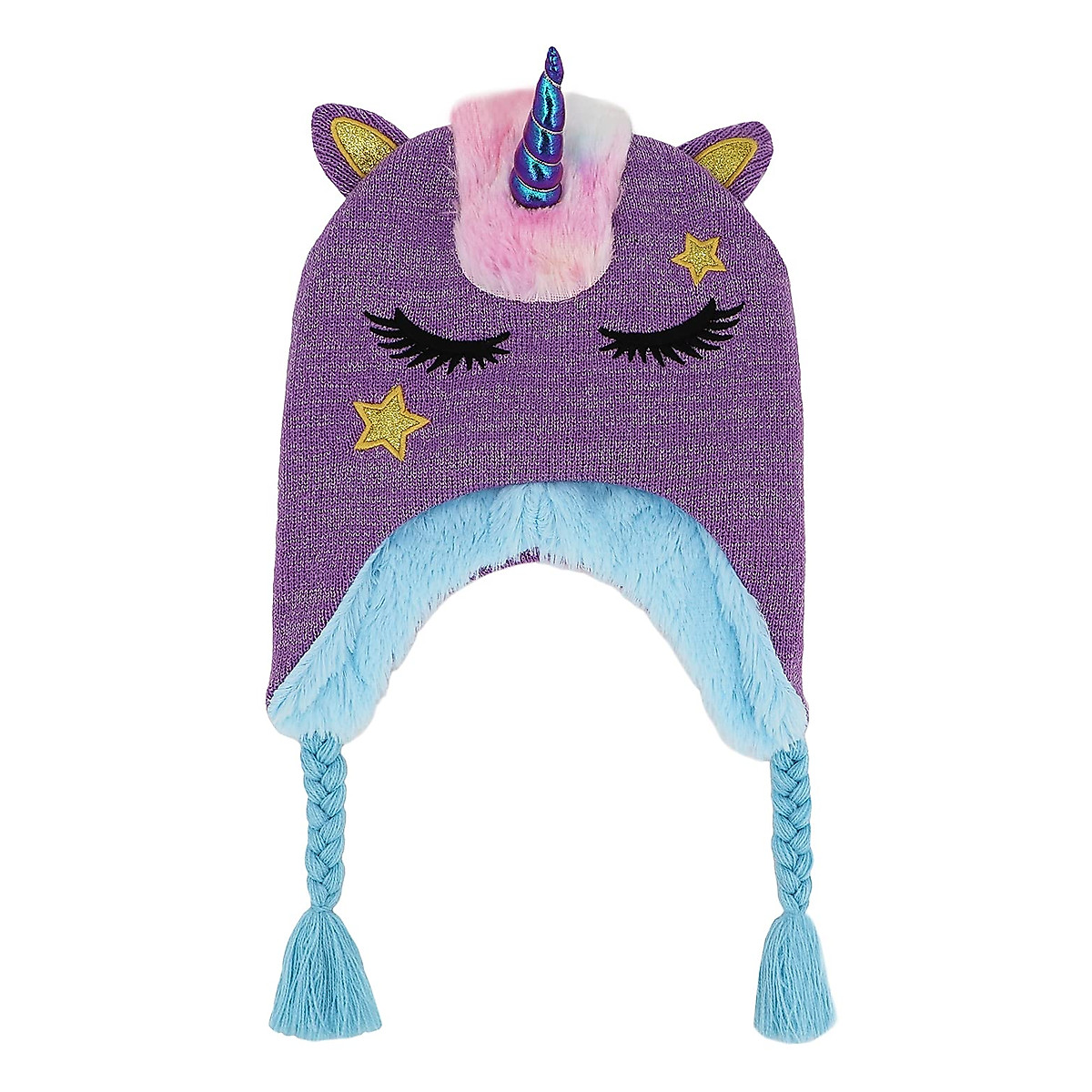 Newfancy Kids Girls Cute Glitter Unicorn Beanie Winter Hat and Glove Set Knitted Earflap Cap Flip Top Mitten Set Purple One Size