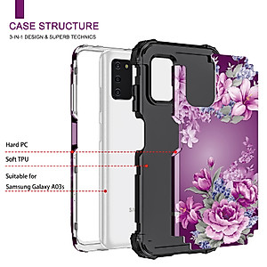 LONTECT for Galaxy A03S Case Floral Shockproof Rugged Heavy Duty 3 in 1 Hybrid Sturdy High Impact Protective Cover Case for Samsung Galaxy A03S 6.5 inch,Purple Flower/Black