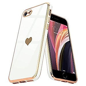 Teageo Case for iPhone SE 2022, SE 2020, iPhone 7 / 8, Phone Case for Women Girl Cute Love-Heart Luxury Bling Plating Soft Back Cover Camera Protection Bumper Silicone Shockproof Case, White